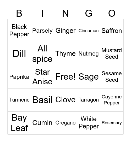 HERBS AND SPICES Bingo Card