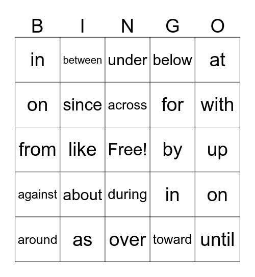 Preposition Bingo Card