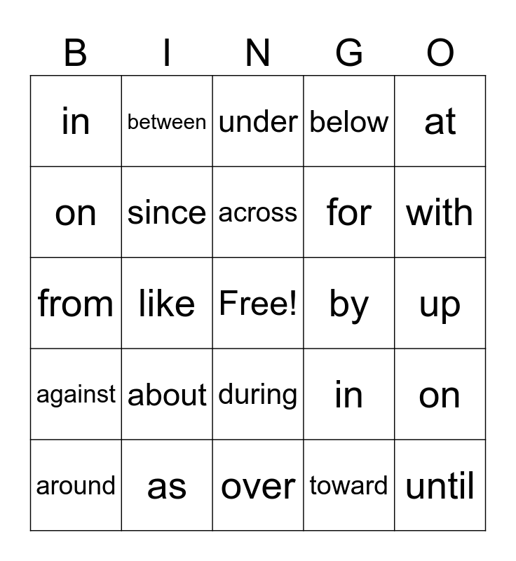 Preposition Bingo Card