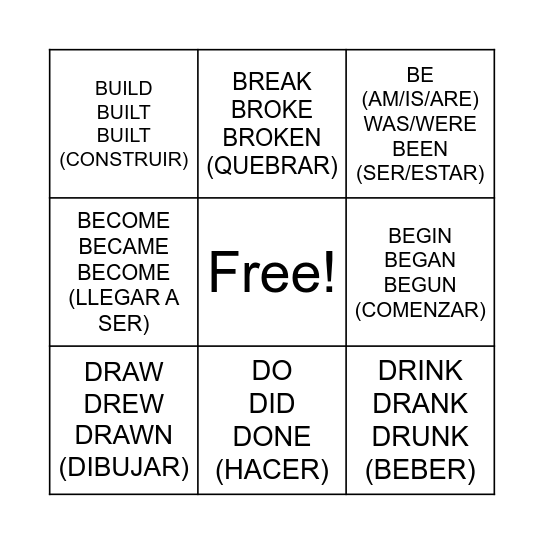 IRREGULAR VERBS Bingo Card