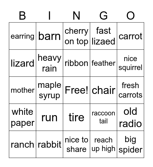 /r/ word and phrases Bingo Card