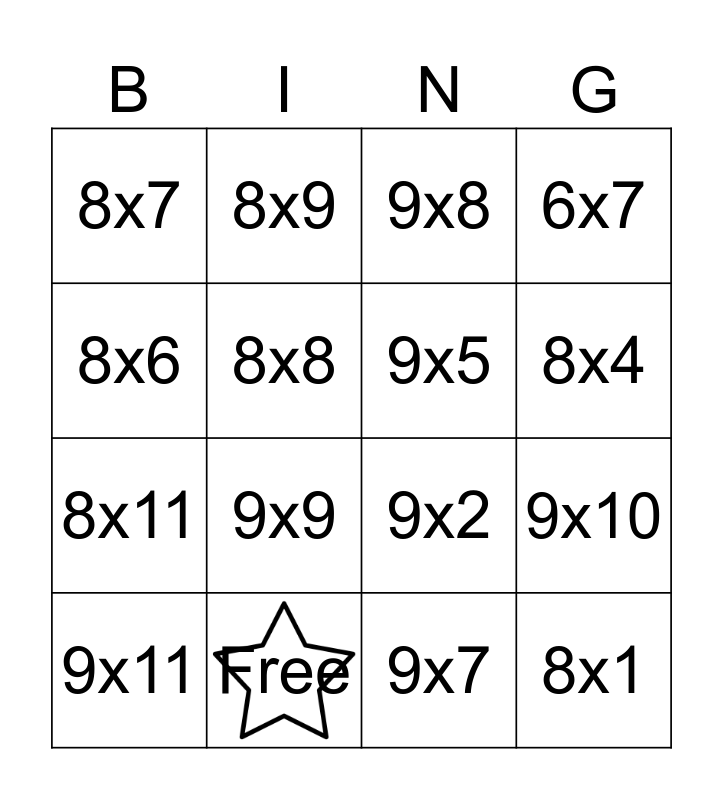 Multiplication Bingo 8's & 9's Bingo Card