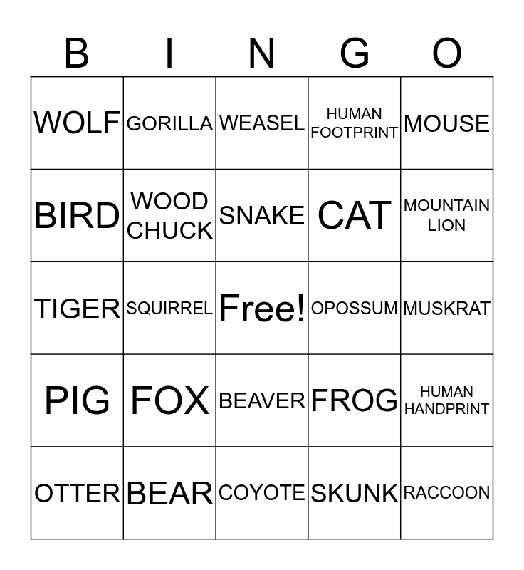 ANIMAL TRACKS Bingo Card