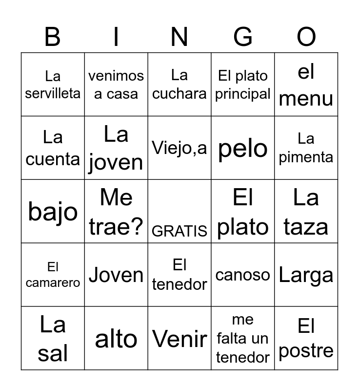 Realidades 1 5B Bingo Card