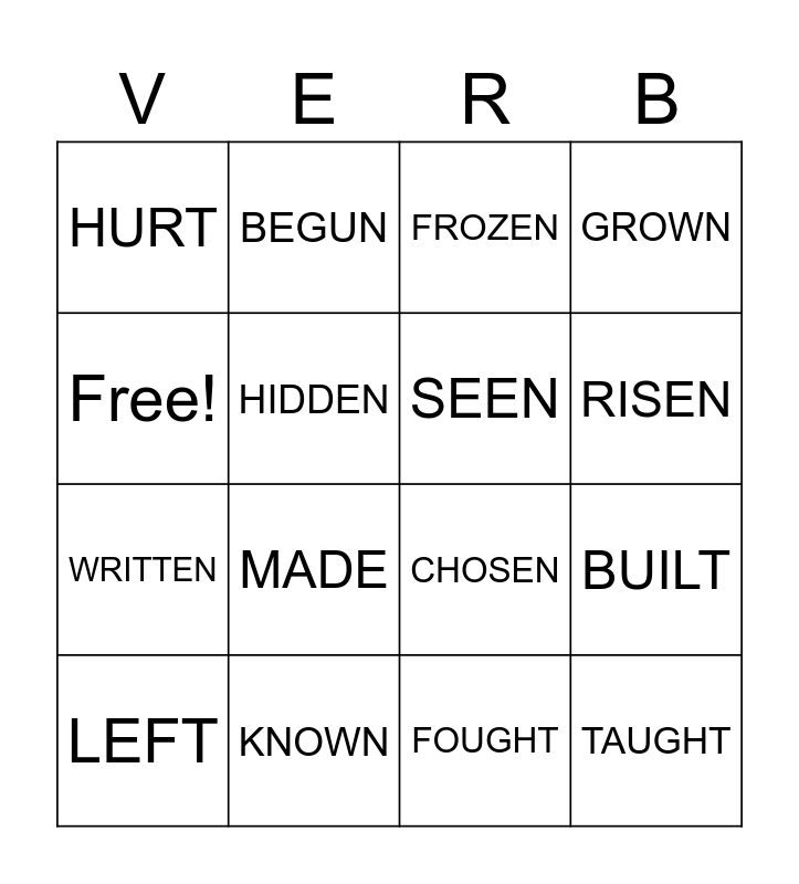 Verb Bingo Card
