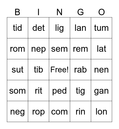 Nonsense Words Bingo Card