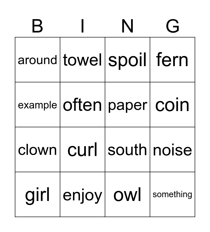 Ou, Ow, Oi, Oy! Bingo Card