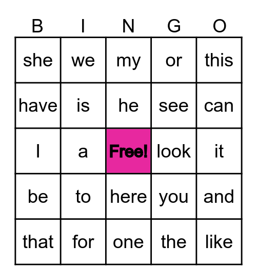 Sight Words Bingo Card
