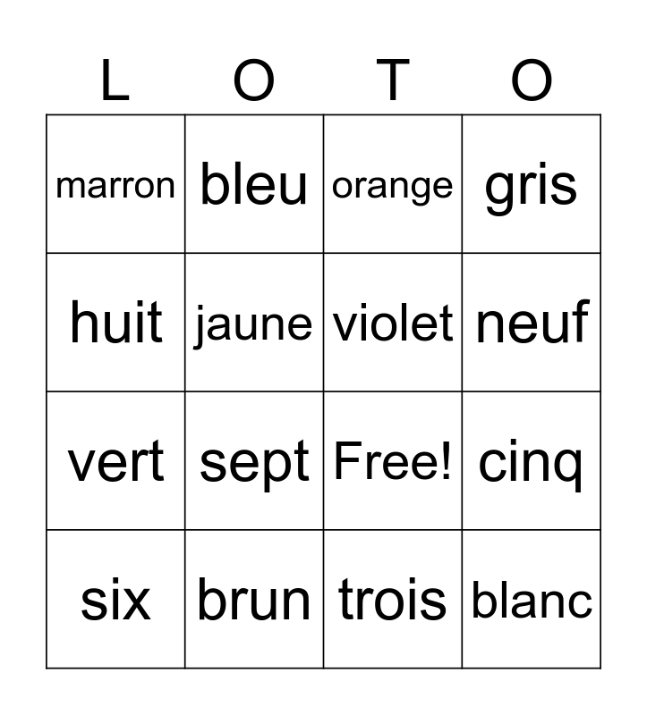 Les Couleurs et Les Nombres Bingo Card