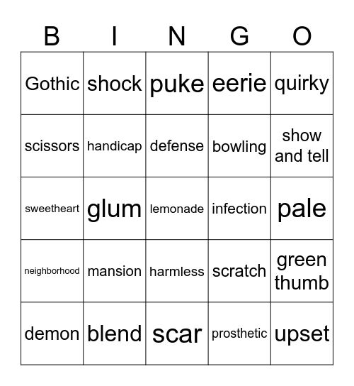 Eward Scissorhands Vocabulary Bingo Card