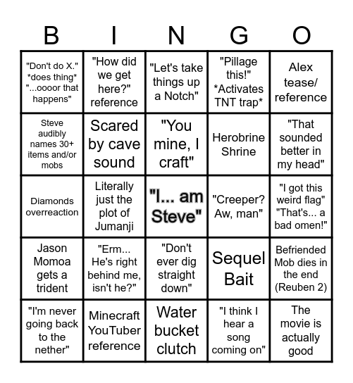Minecraft Movie Bingo Card