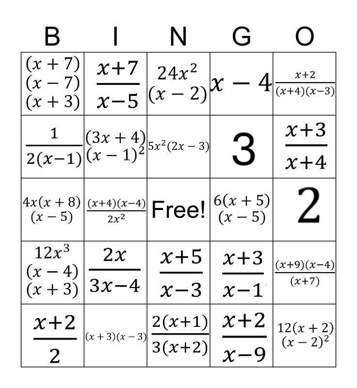Rational Function Operation Bingo Card