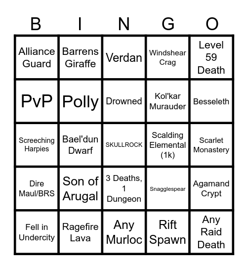 WoW Hardcore Bingo Card