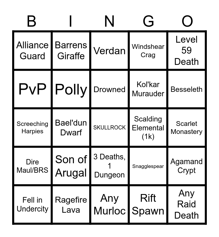 WoW Hardcore Bingo Card