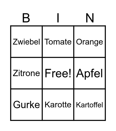 Obst und Gemüse Bingo Card