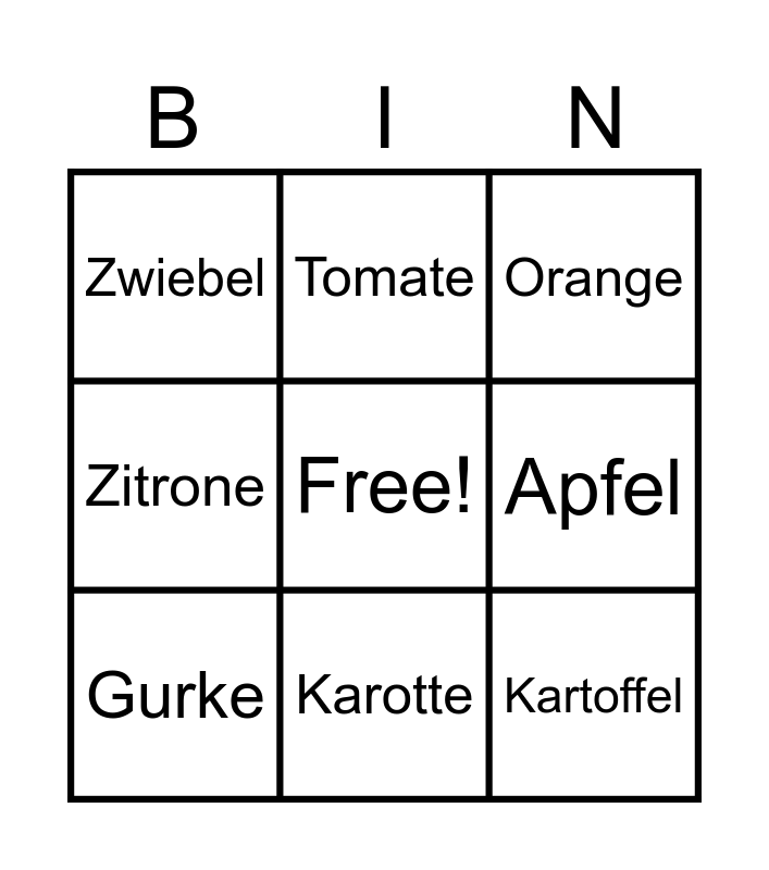 Obst und Gemüse Bingo Card