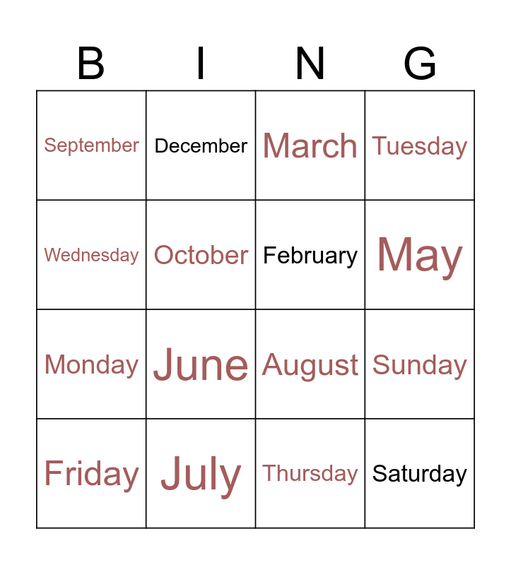 Days and months Bingo Card