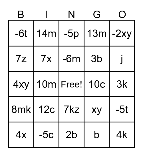 Combine Like Terms Bingo! Bingo Card
