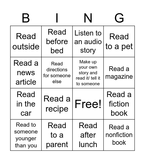 Reading Log Bingo Card