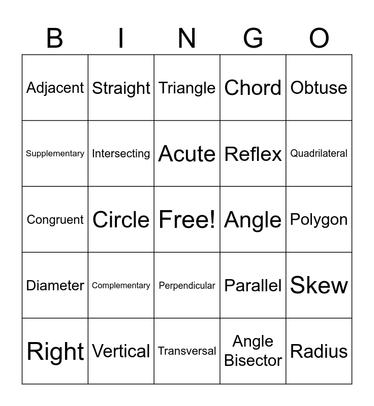 Angles Bingo Card