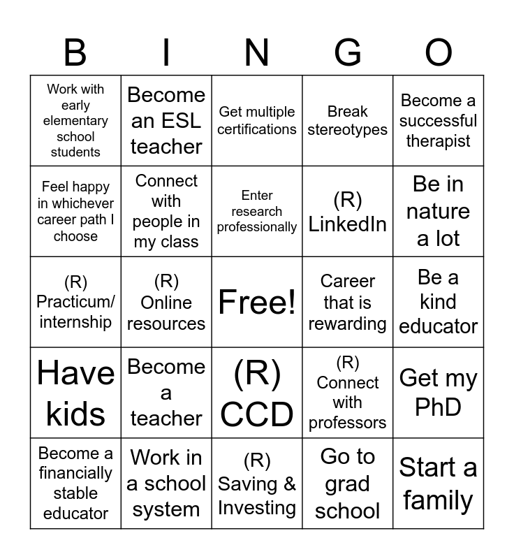 Goal Setting Bingo Card