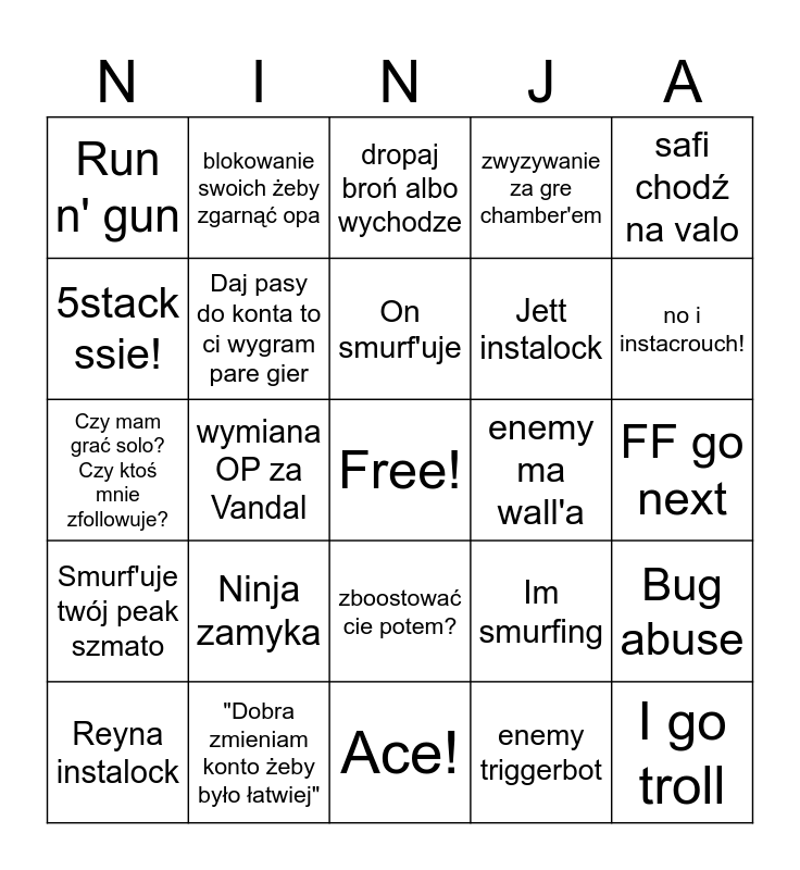 Ninja Bingo Card