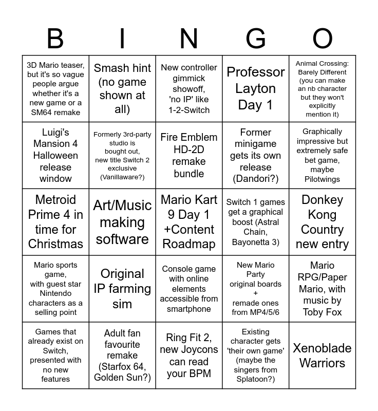 Switch 2 Software Bingo Card