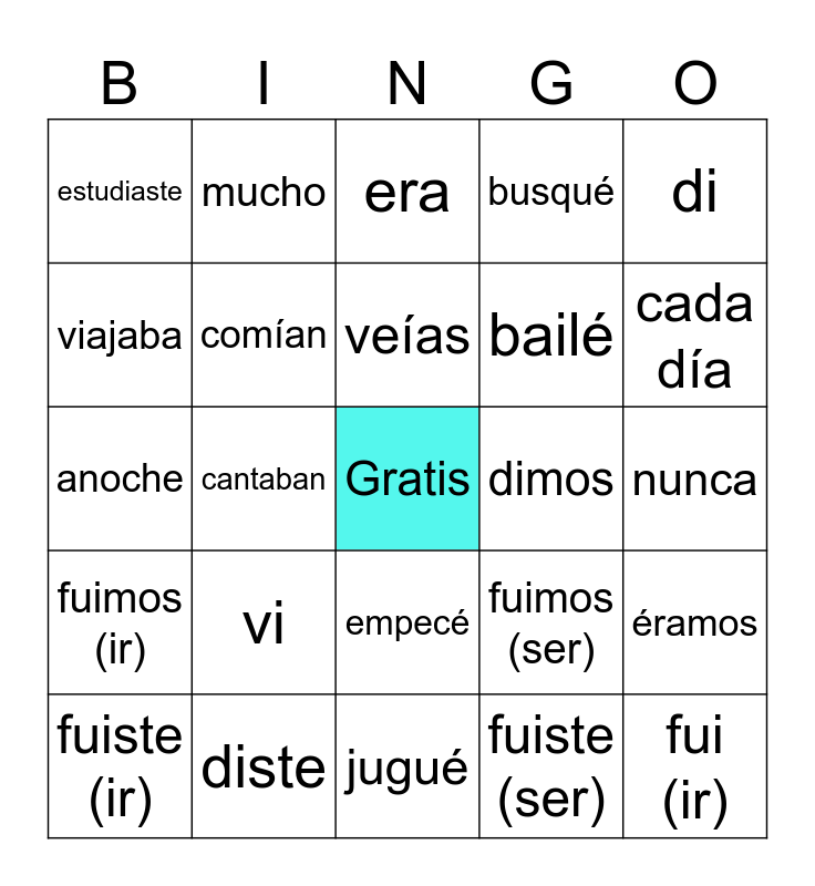 Imperfecto y Pretérito Bingo Card