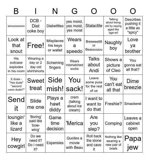 Brett's Naughty B Bingo Card