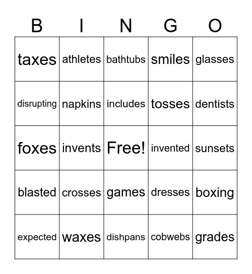 Suffix -s, -ing, -ed, -es Bingo Card