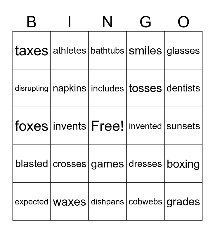 Suffix -s, -ing, -ed, -es Bingo Card