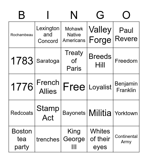 American Revolution Bingo Card