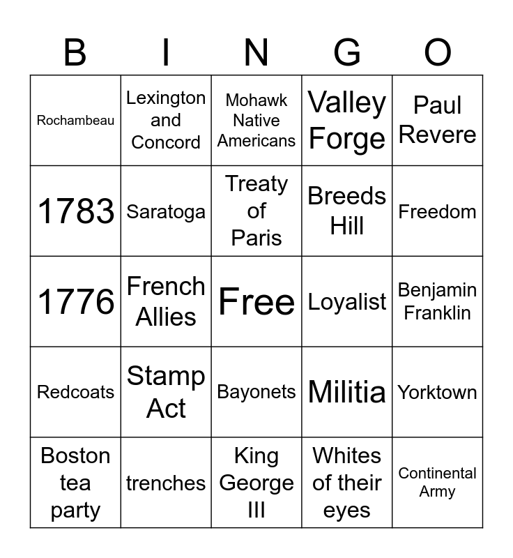 American Revolution Bingo Card