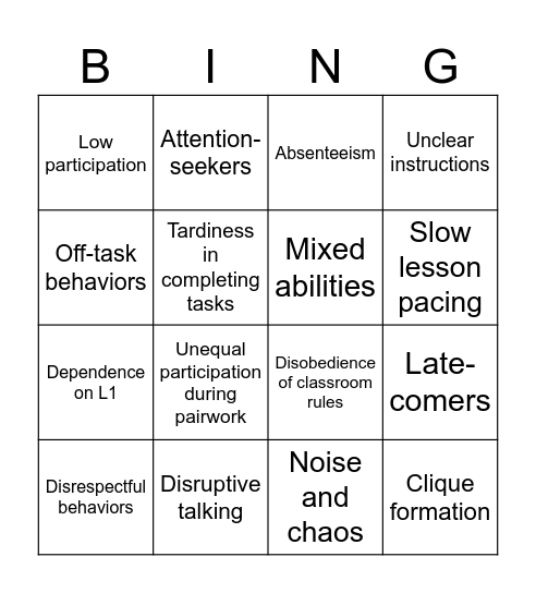 CLASSROOM MANAGEMENT BINGO Card