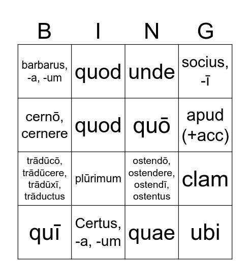 Latin Lesson 25 Bingo Card