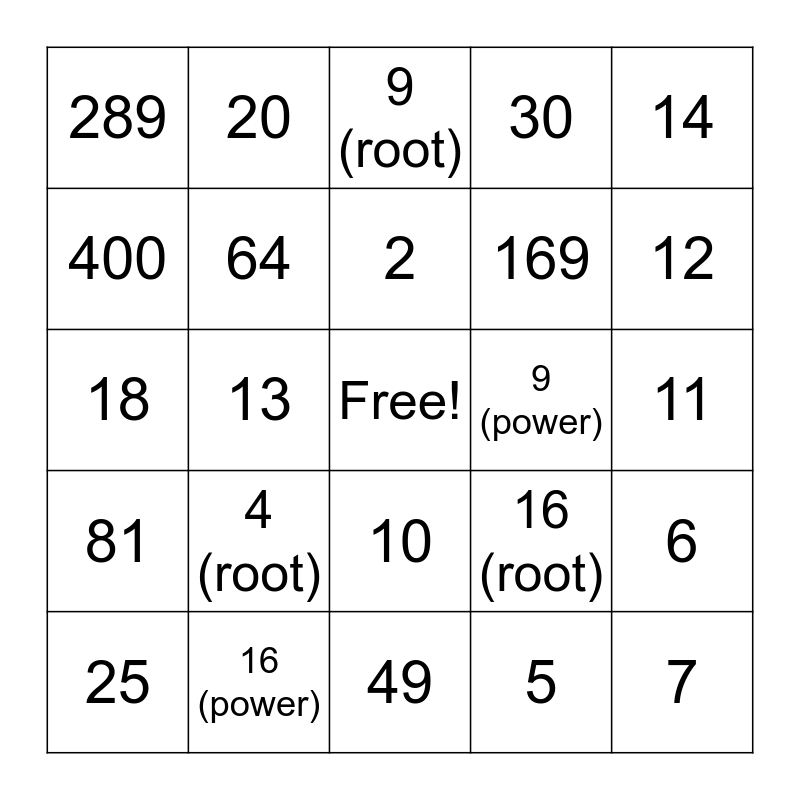 Squares & Roots Bingo Card