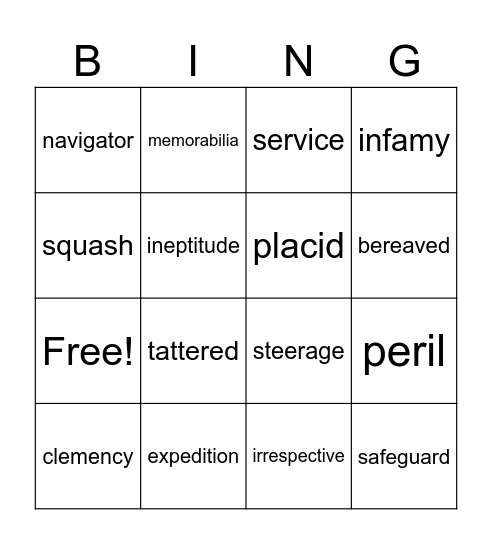 Amplify Titanic Unit Vocabulary Bingo Card