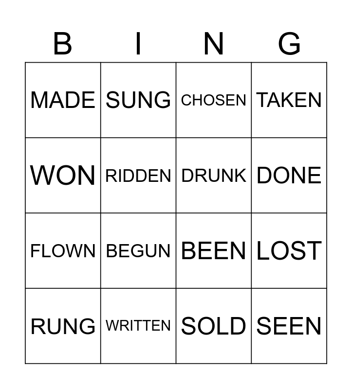 PAST PARTICIPLE Bingo Card