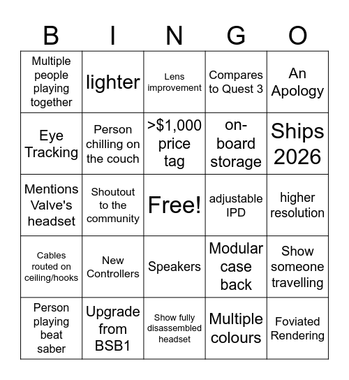 bigscreen Bingo Card