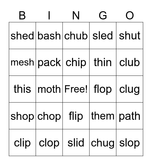 Digraphs and L Blends Bingo Card