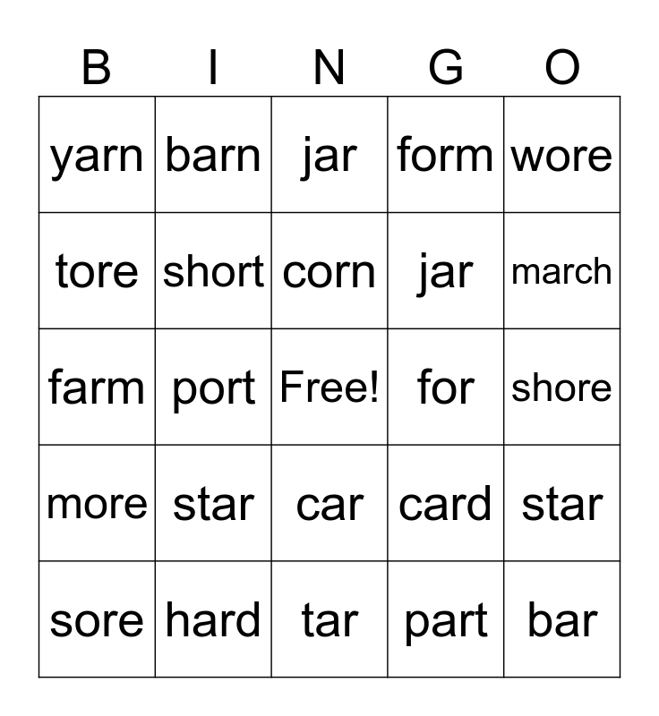 ar, or, ore Words Bingo Card