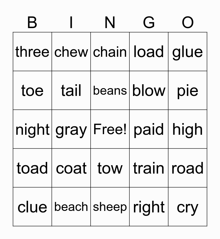 Long Vowel Bingo Card