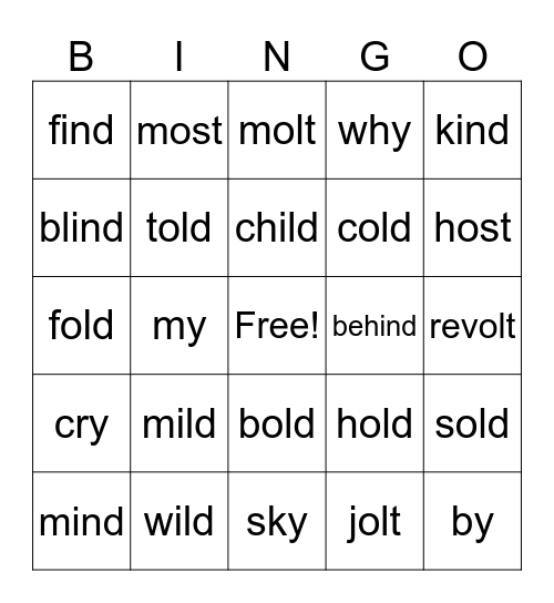 -ild,-ind,-old,-olt,-ost and y(i) Bingo Card