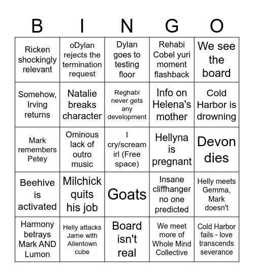Severance S2 Finale Bingo Card