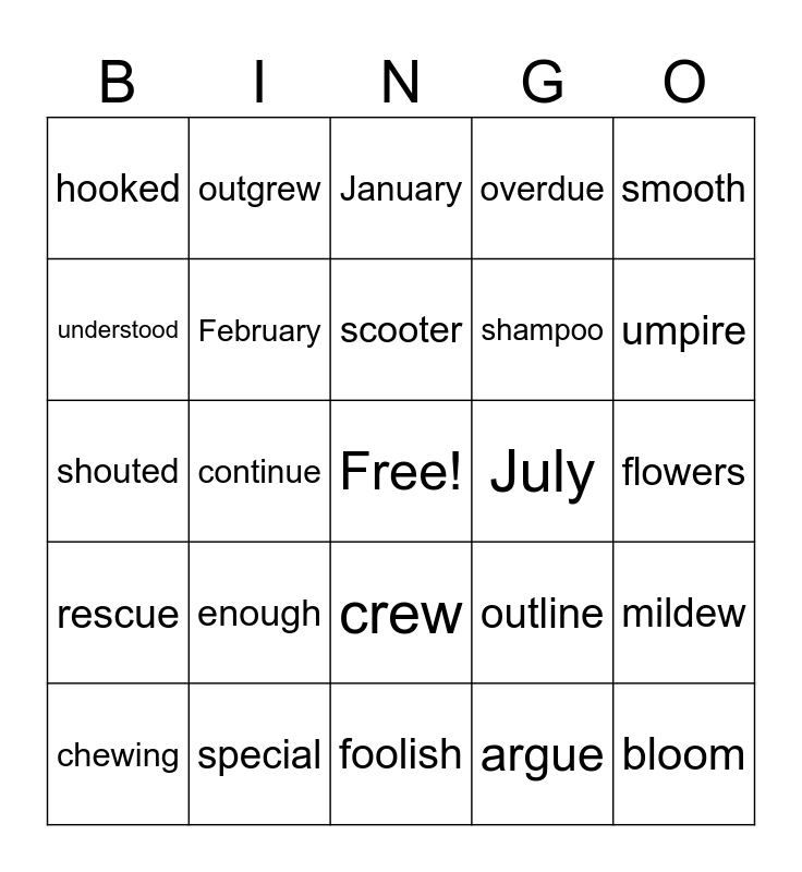 Single and Multisyllabic Word Bingo Card