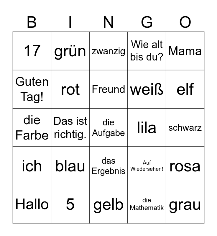 German Bingo Card
