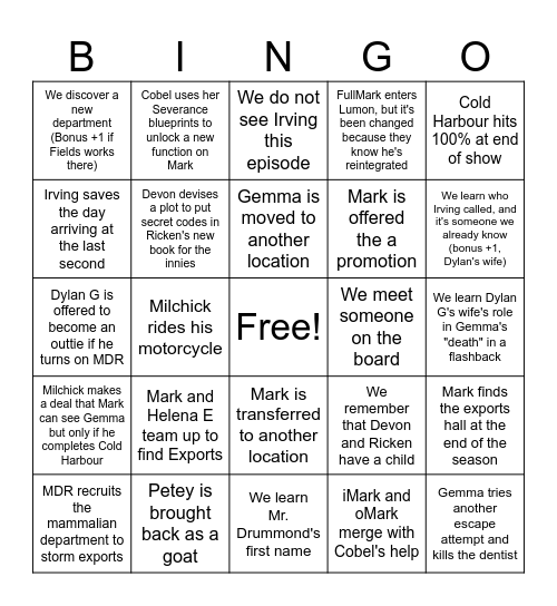 Severance S2 Finale - Abby Bingo Card