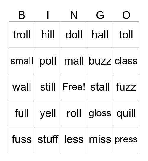 -all, -oll, -ull Bingo Card