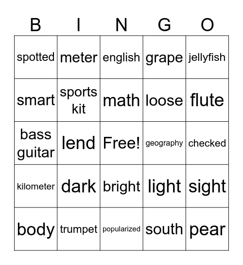 Vocabulary Bingo Card