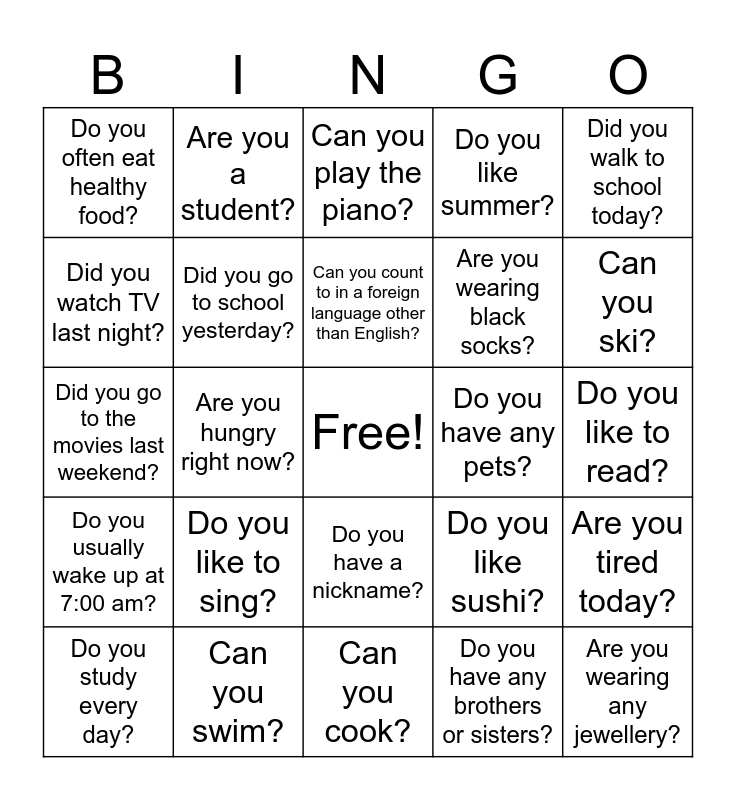 Yes/No Questions Bingo Card